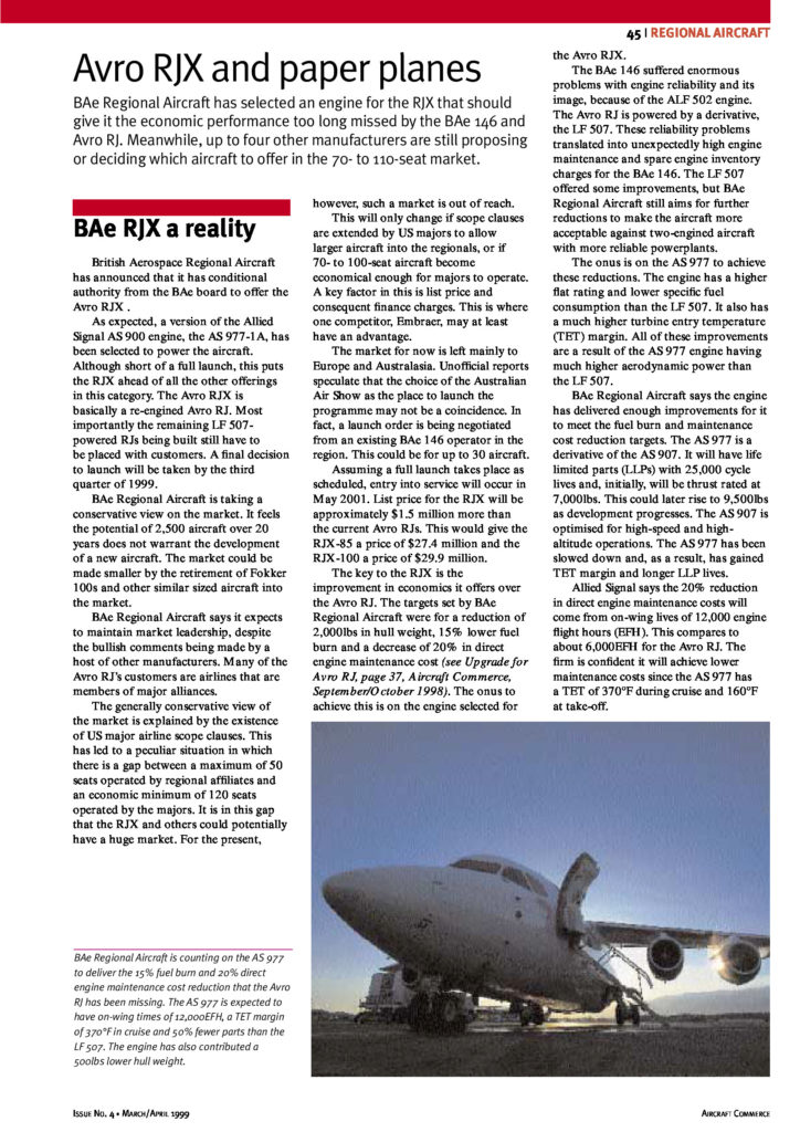 Avro RJX: initial technical details, Issue 4 Mar/Apr 1999 - Aircraft ...